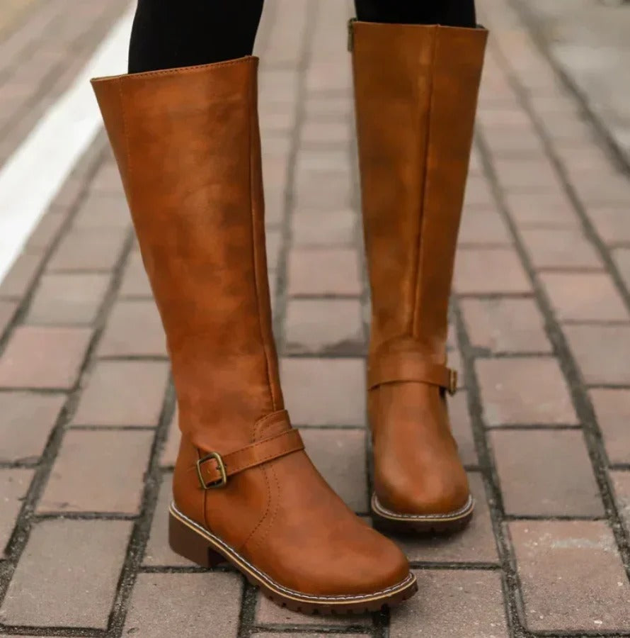 Women’s Classic Knee-High Riding Boots – Chic Buckle Strap Low-Heel De ...